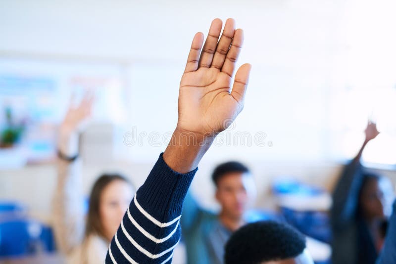 Students, Raised Hand and Classroom at College for Question, Learning ...