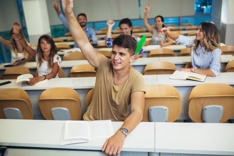 Students Raising Hands in Class on Lecture Stock Image - Image of learn ...
