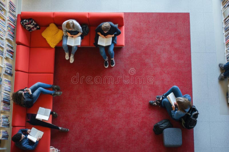 Students Read Books on Red Carpet and Sofa in Library with Education ...