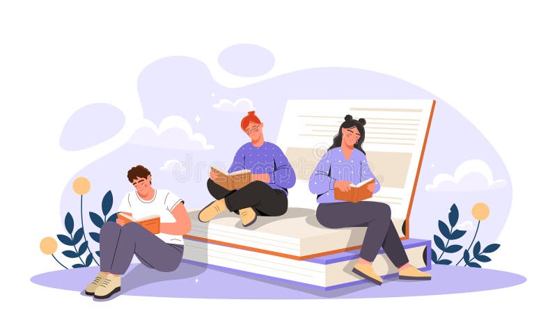 Students Reading Book. Man and Women Sitting on Stack of Textbooks ...