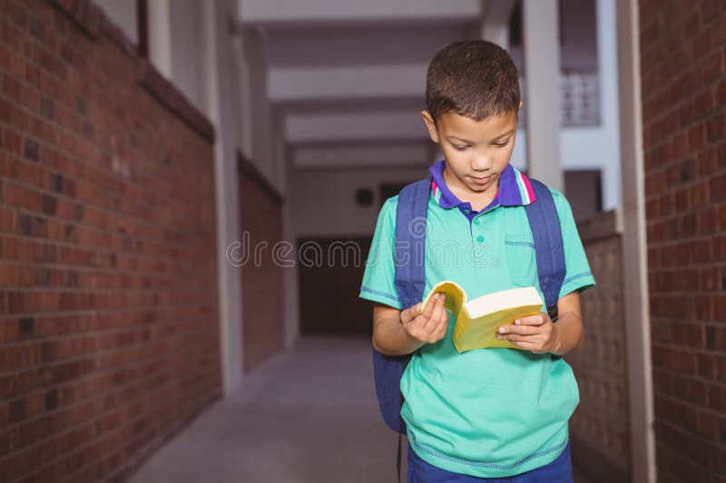 Boy Standing in School Corridor with Brick Walls Reading Yellow Book ...