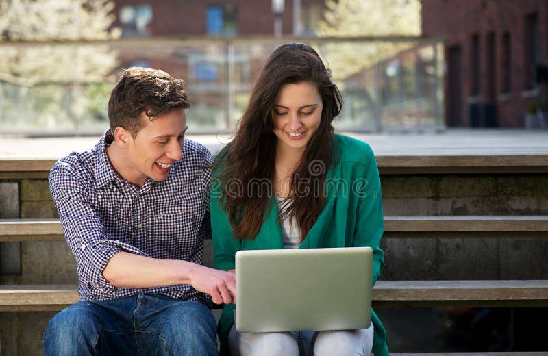 Smiling College Students with Laptop in Library Stock Photo - Image of ...