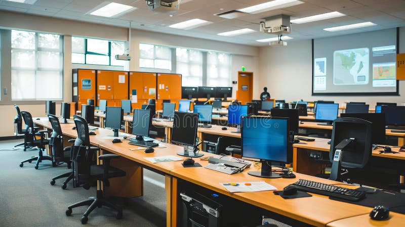 Students in School Computer Lab Working on Assignments, Projector ...