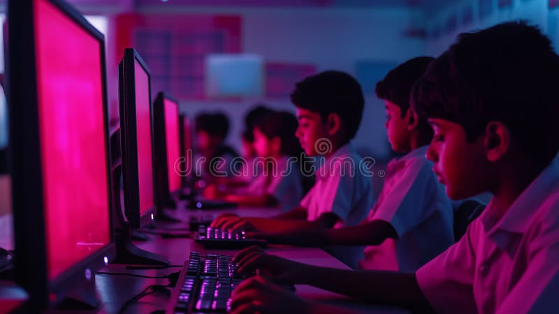 Students in School Uniforms Working on Desktop Computers in a Classroom ...