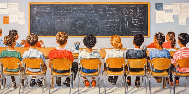 Students Seated in a Classroom Focused on a Chalkboard during a ...