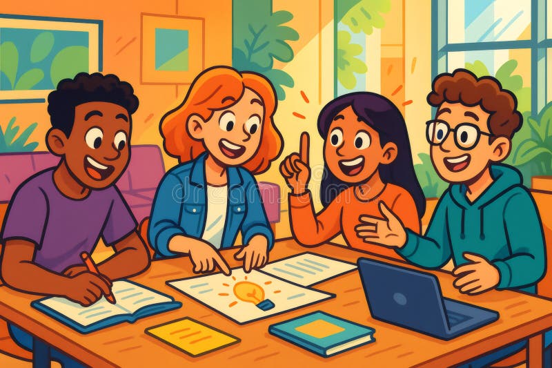 Students Sharing Ideas during a School Project Meeting Stock Photo ...