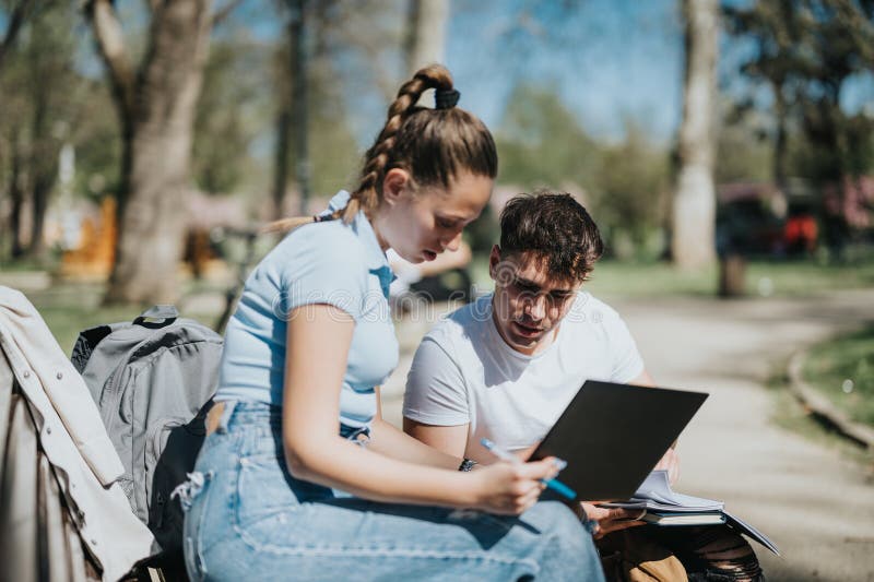 Students Sharing Ideas while Studying Together in a Park Stock Image ...