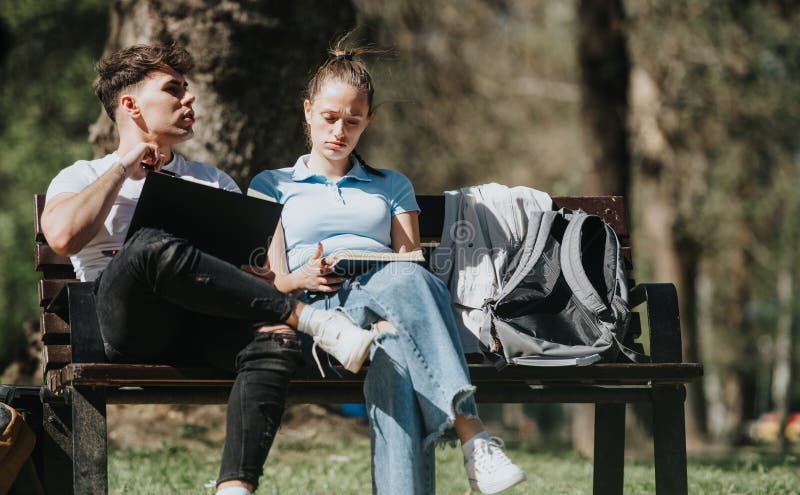 Two Students Share Ideas while Studying Outdoors in the Nature, Engaged ...