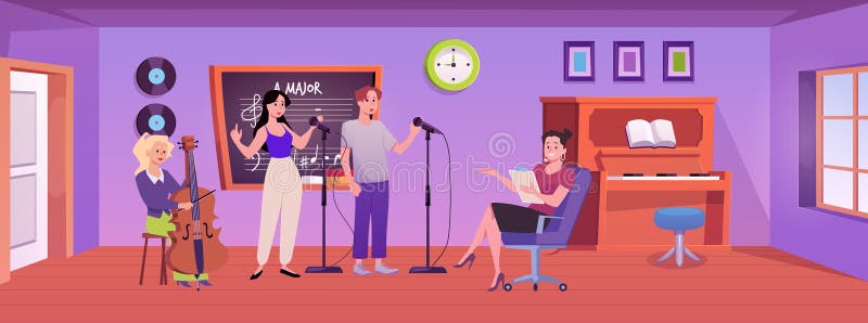 Students Singing into Microphone, Playing on Cello and Teacher in Music ...