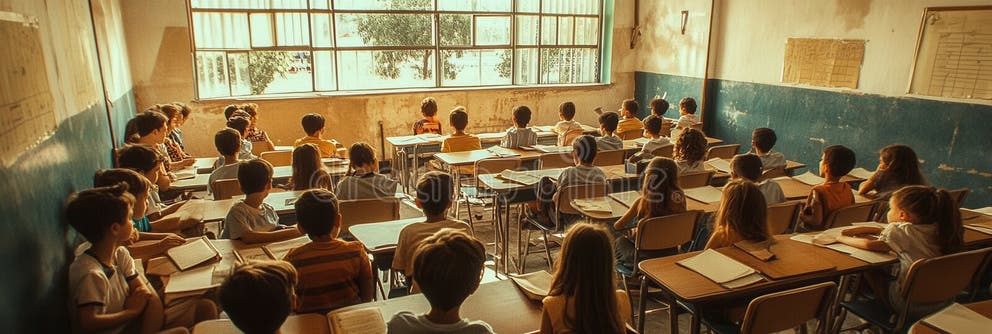 Students Sit in a Crowded Classroom Filled with Old Materials, Striving ...