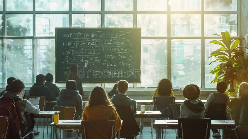 Students Sitting in a Classroom with a Teacher Writing on the ...