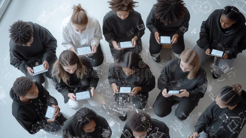 Students Sitting on the Floor Using Digital Tablets with Abstract Lines ...