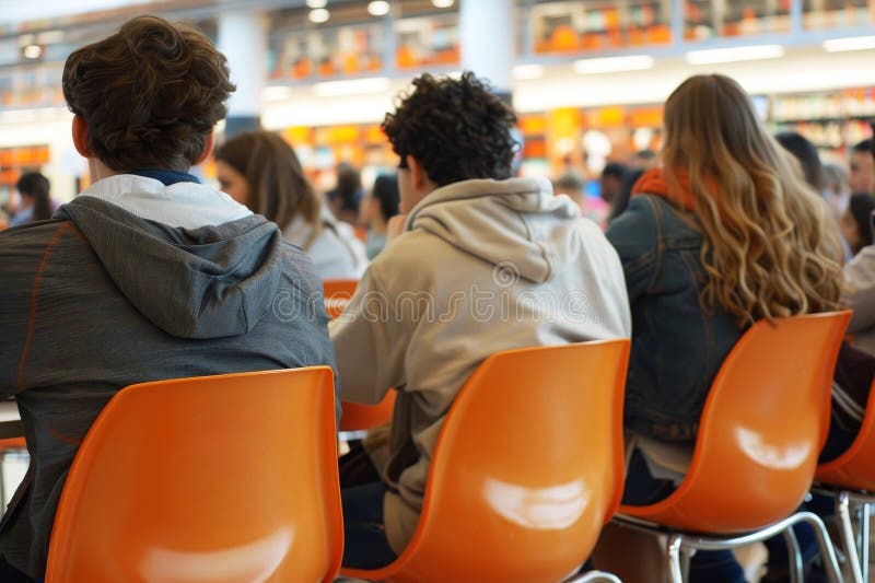 Students Sitting in a Row in a Busy Cafeteria, Focused on Their Studies ...