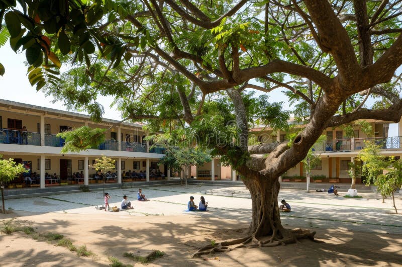 Students Sitting Under a Tree in Front of a School Building, a School ...