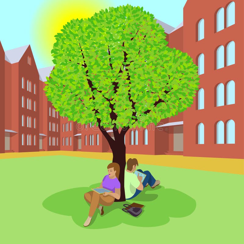 Students Sitting Under the Tree and Using the Tablets. Stock Vector ...