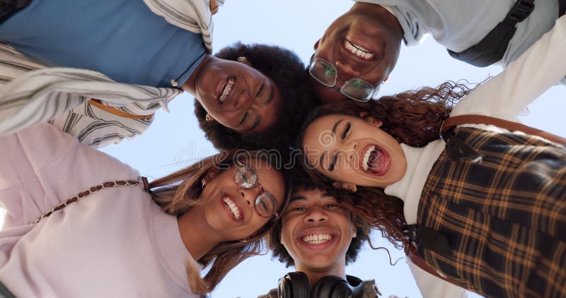 Students, Smile and Diversity with Friends in College from Below for ...