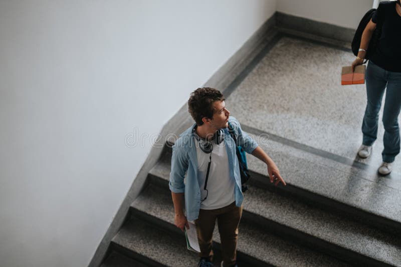 Students Socializing while Walking Up the Stairs in University Hallway ...