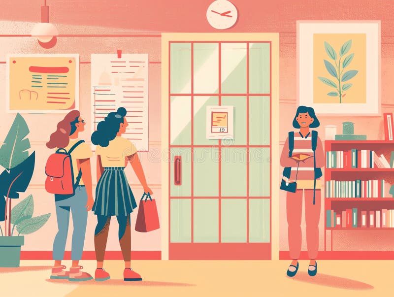 Students Stand in a School Hallway Near Lockers and a Library Stock ...