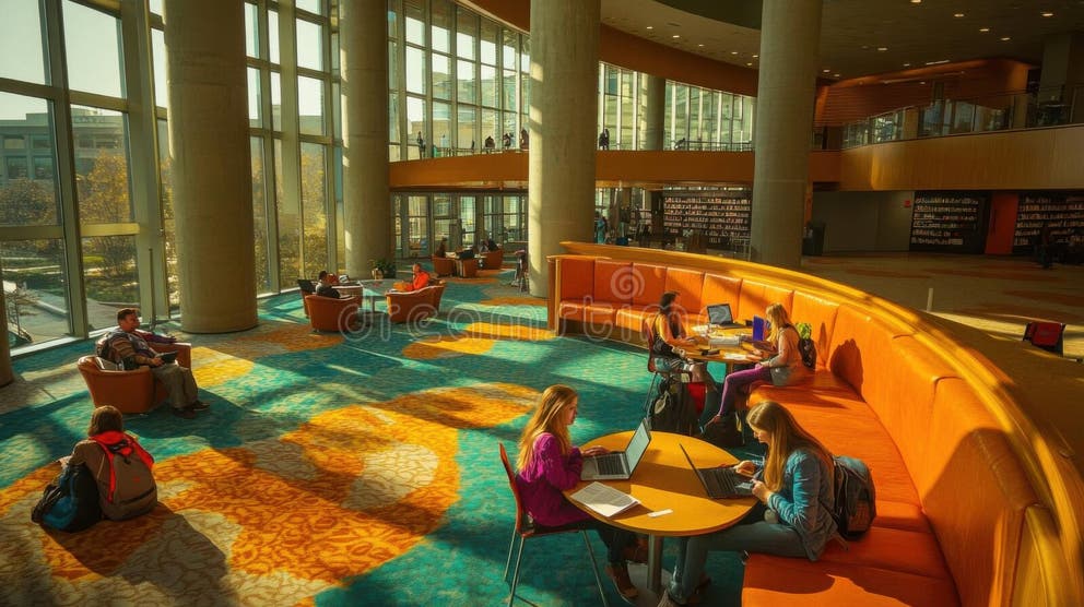 Students Study in Modern Library with Sunlight Streaming, Education Hub ...