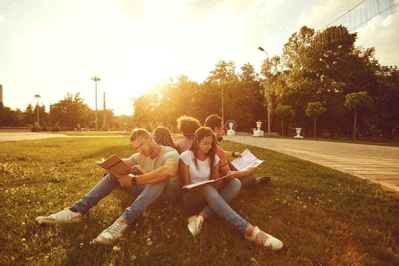 Students Study Sitting on Green Grass in a Park in Summer Spring. Stock ...