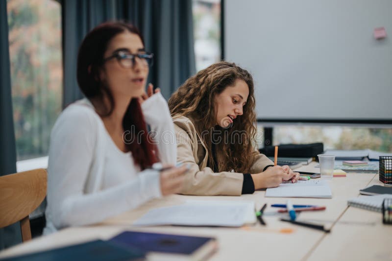 Students Studying in a Classroom Setting with Notebooks and Pens Stock ...