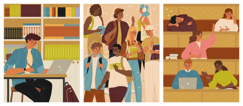 Students Studying, Doing Homework, Chatting during Break Time Scene Set ...