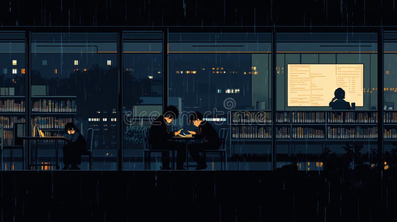 Students Studying in Library at Night, Pixel Art Illustration Stock ...