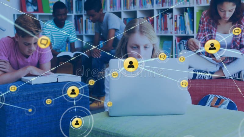 Students Studying in Library with Social Network Connections Animation ...