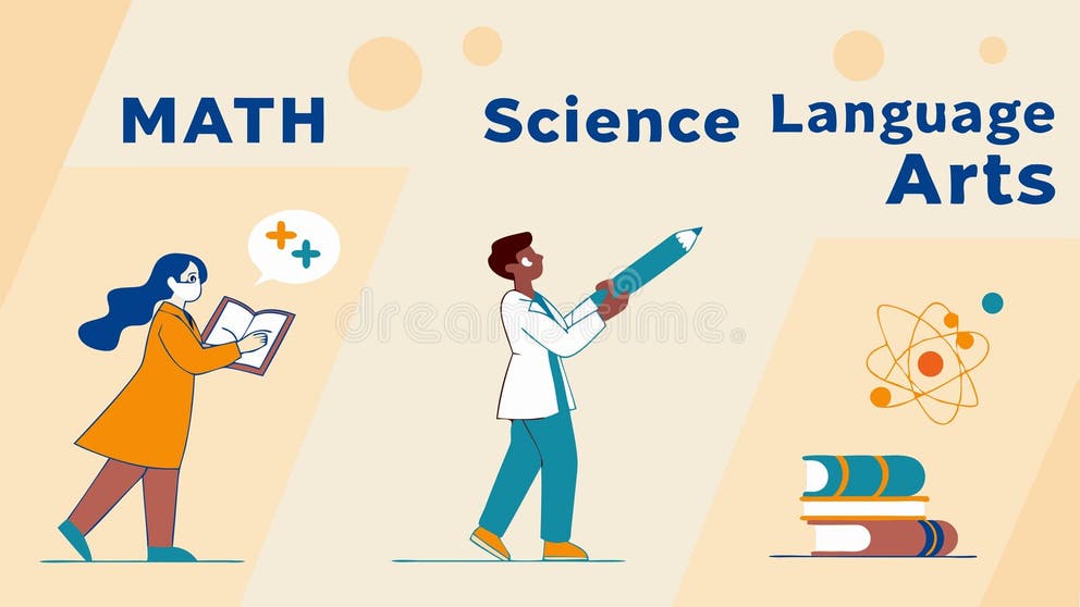 Students Studying Math, Science, and Language Arts Subjects, Vector ...