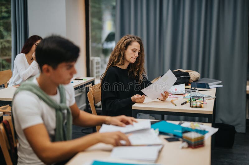 Students Studying in a Modern Classroom Setting with Focus and ...