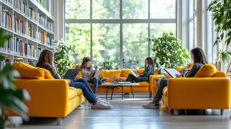 Students Studying in Modern Library Stock Illustration - Illustration ...