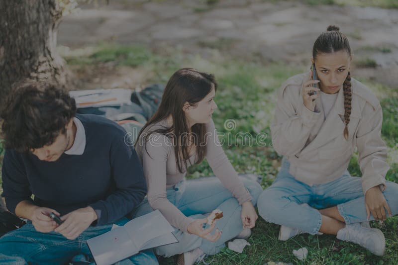 Students Studying Outdoors with Phone and Snacks on Campus Stock Photo ...