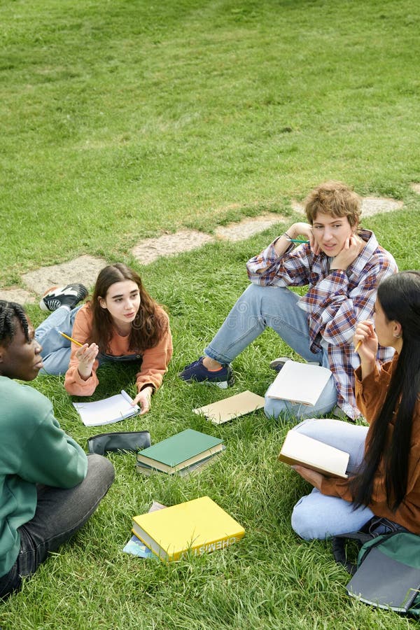 Students Studying Outside on Grass in Group Setting Stock Image - Image ...