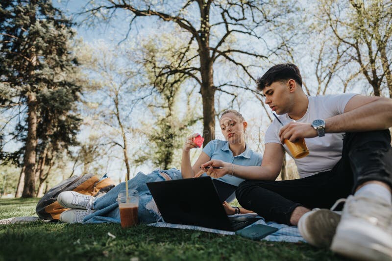 Students Studying and Relaxing in a Park with Books and Laptop Stock ...