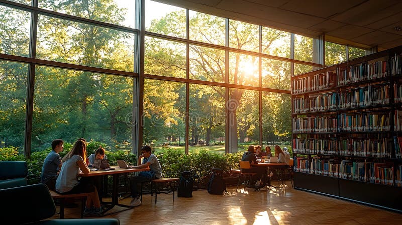Students Studying in Sunlit Library with Park View Stock Illustration ...