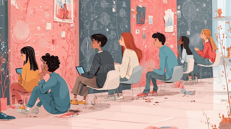 Students Studying Together in Classroom with Notes Stock Illustration ...