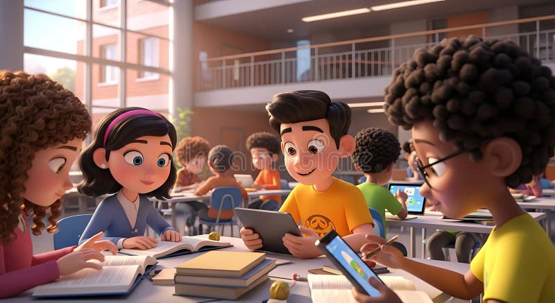 AI-Generated Cartoon Students Studying Stock Illustration ...