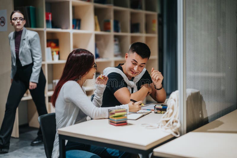 Students Studying Together in a Library with Books and Pencils Stock ...