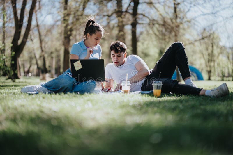 Students Studying Together Sunny Park Laptop Refreshments Casual Day ...