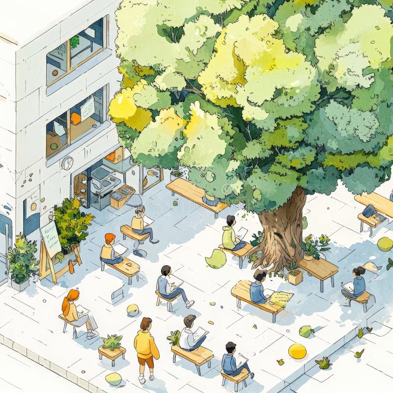 Students Studying Under a Tree Stock Illustration - Illustration of ...