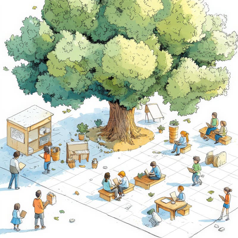 Students Studying Underneath a Large Tree in a Park or Campus Setting ...