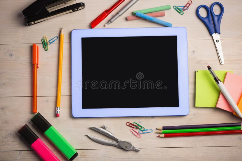 Students Table with School Supplies Stock Photo - Image of group ...