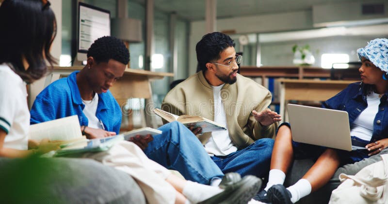 Students, Tablet and Conversation in Library, University and ...