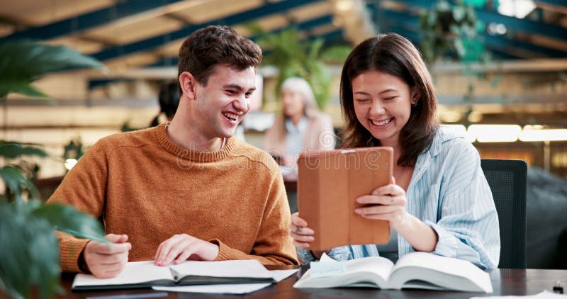 Students, Tablet and Discussion in Cafe with Happiness for University ...