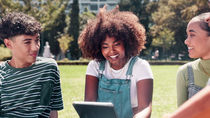 Students, Tablet and Group of Friends in Park for Communication ...
