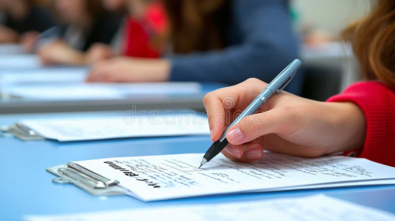 Students Taking a School Examination Write on Paper with Pens in an ...