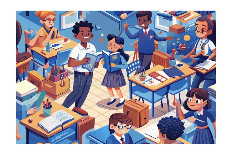 Students and Teacher Engaging in Exciting Classroom Scenes Stock Vector ...