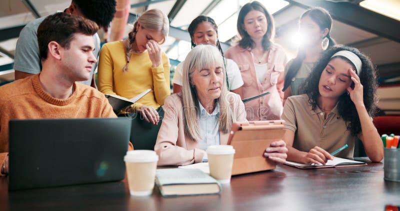 Students, Teacher and Frustrated in Communication with Tablet for Exam ...