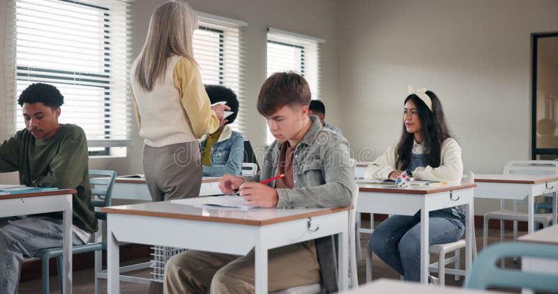 Education, Test Results and Students with Teacher in Classroom of ...