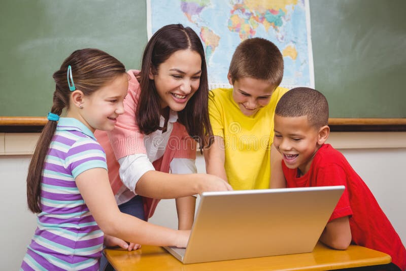 Teacher and Kids Using Digital Tablet Stock Image - Image of black ...